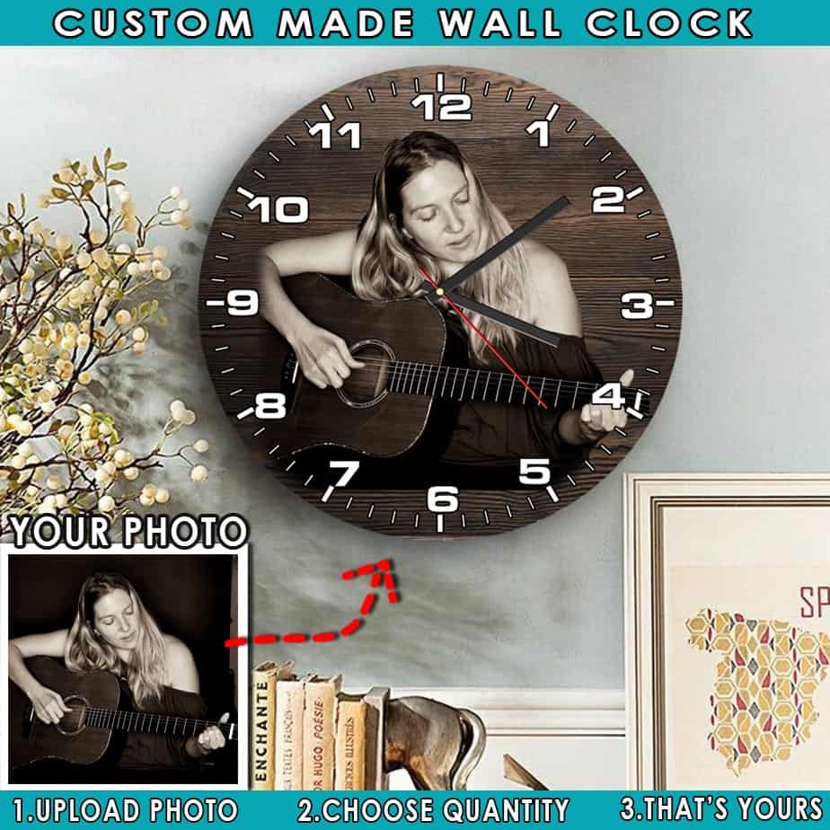 Personalized Photo Guitar Wall Clock, 12” Wooden, Guitarist decor ...