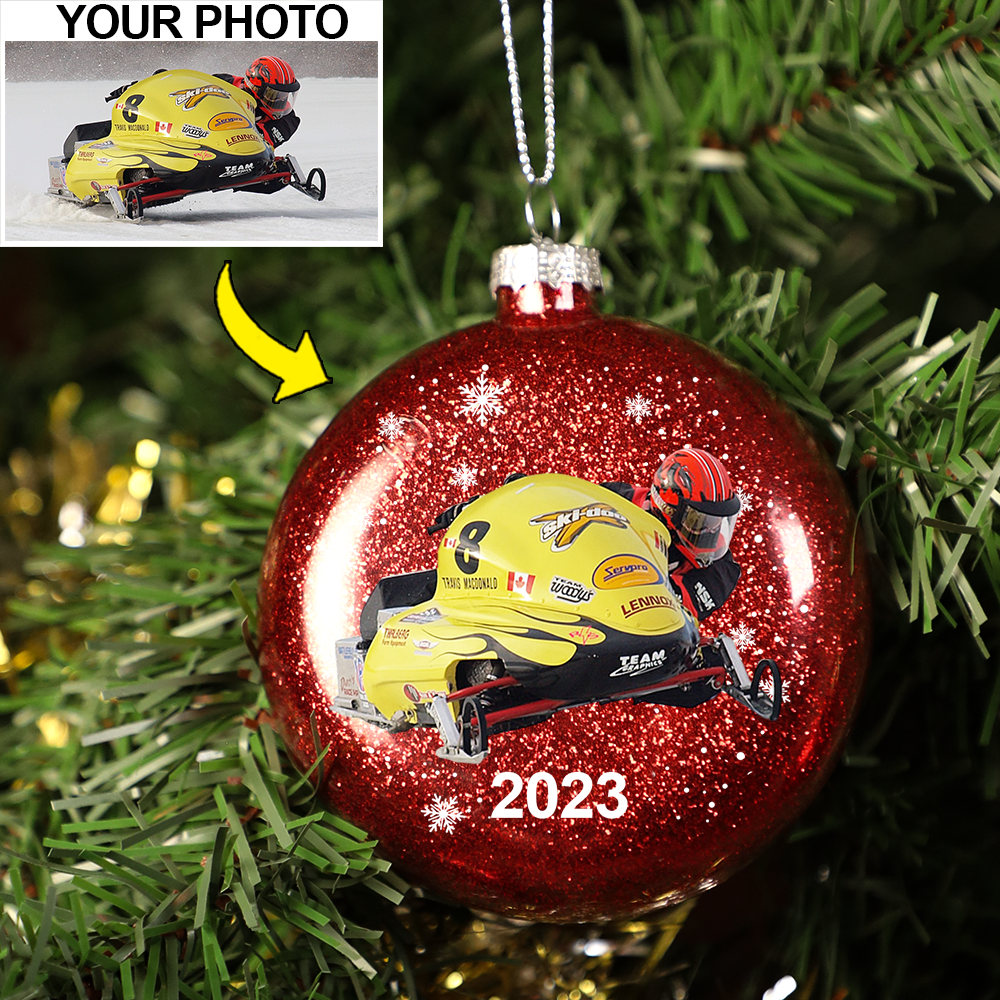 Personalized Photo Snowmobile Lovers Glitter Plastic Ornament ...