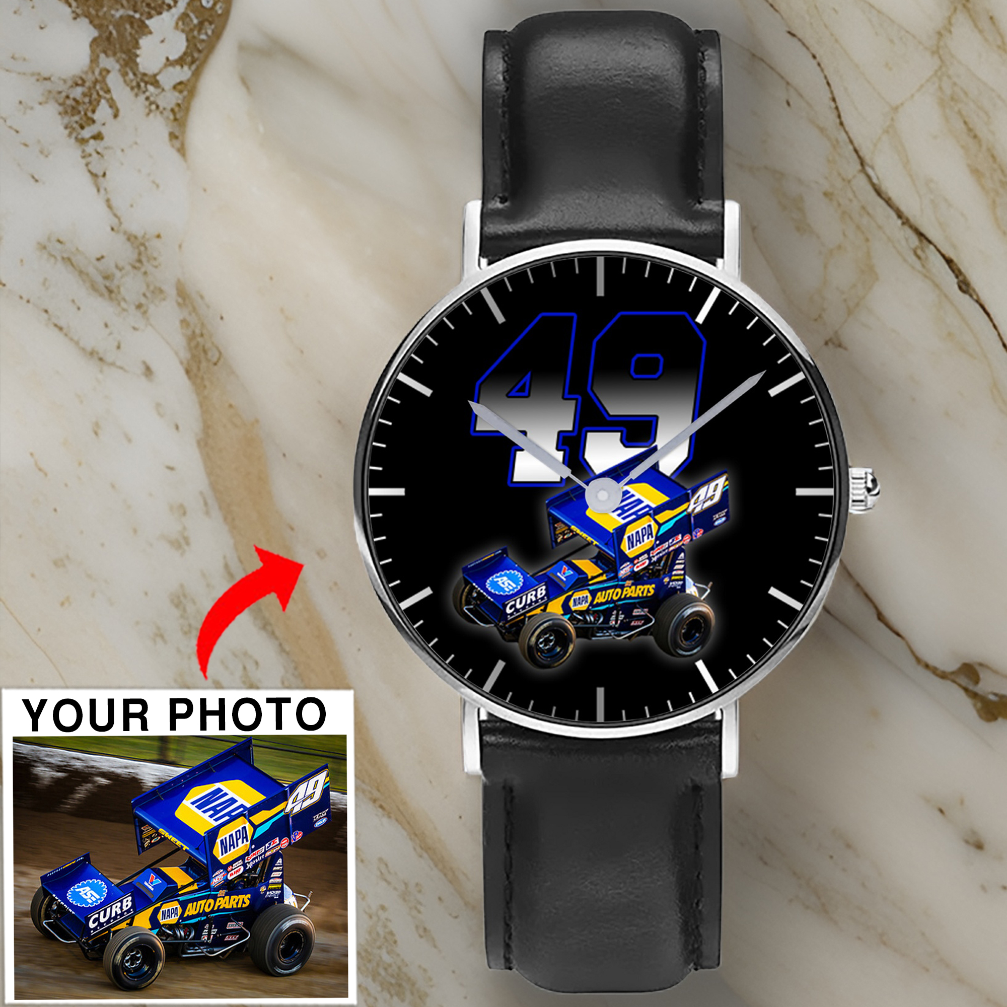 Dirt Track Racing Personalized Photo Black Stitched Leather Watch ...