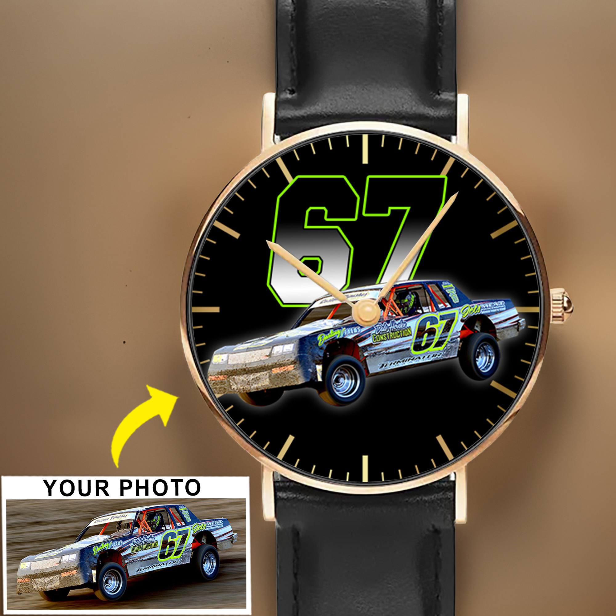 Dirt Track Racing Personalized Photo Black Stitched Leather Watch ...