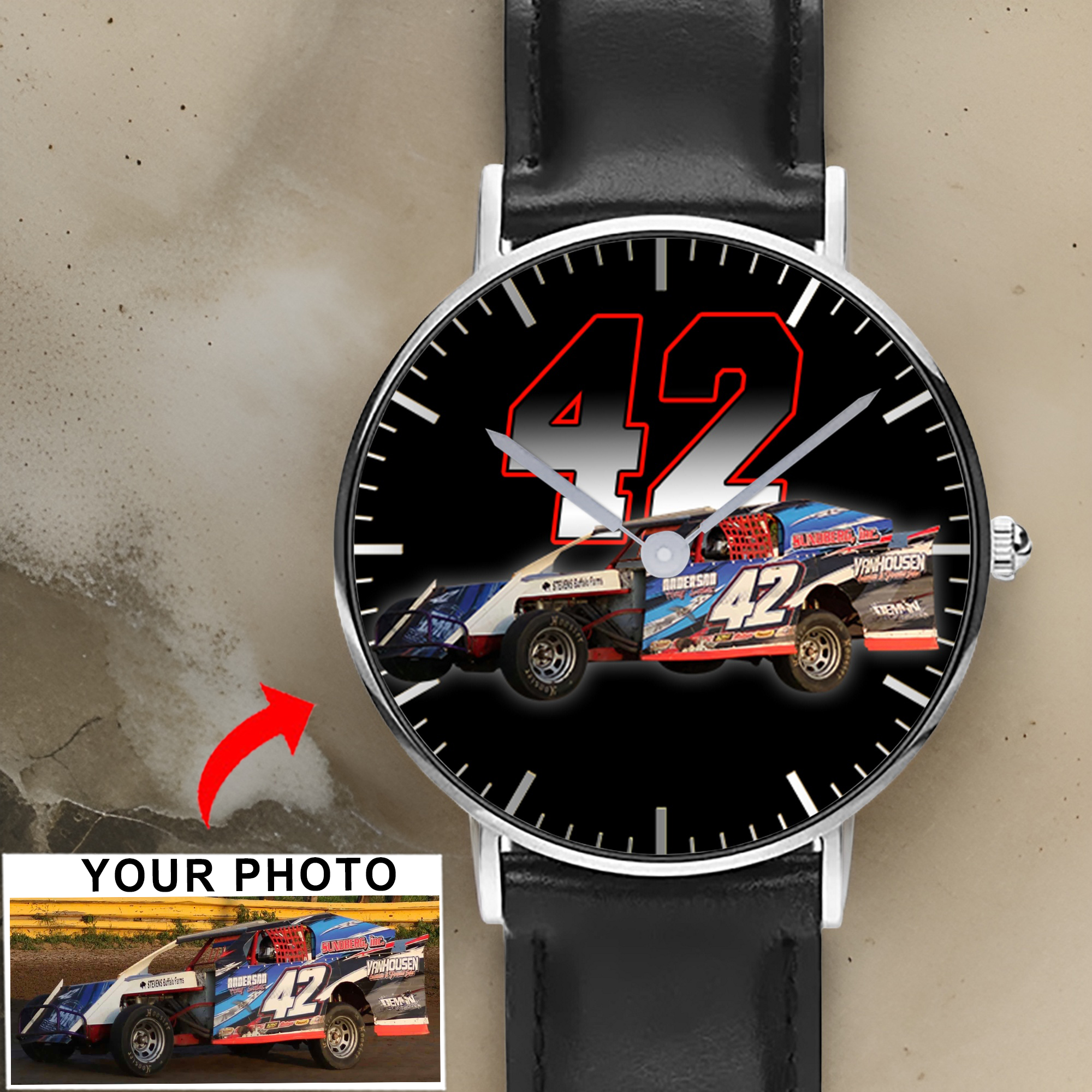 Dirt Track Racing Personalized Photo Black Stitched Leather Watch ...